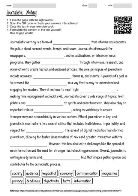 Worksheet with the topic "Journalistic Writing" | MATERIALS.SCHOOL