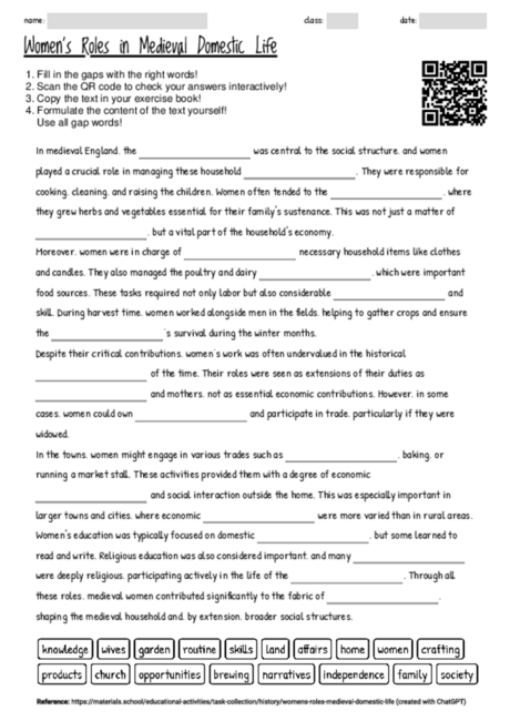Worksheet with the topic "Women's Roles in Medieval Domestic Life ...