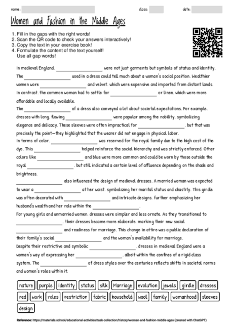 Worksheet with the topic "Women and Fashion in the Middle Ages ...