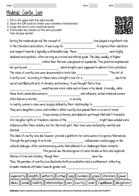 Worksheet with the topic "Medieval Courtly Love" | MATERIALS.SCHOOL