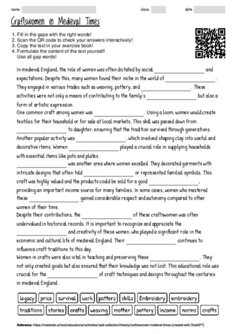 Worksheet with the topic "Craftswomen in Medieval Times" | MATERIALS.SCHOOL