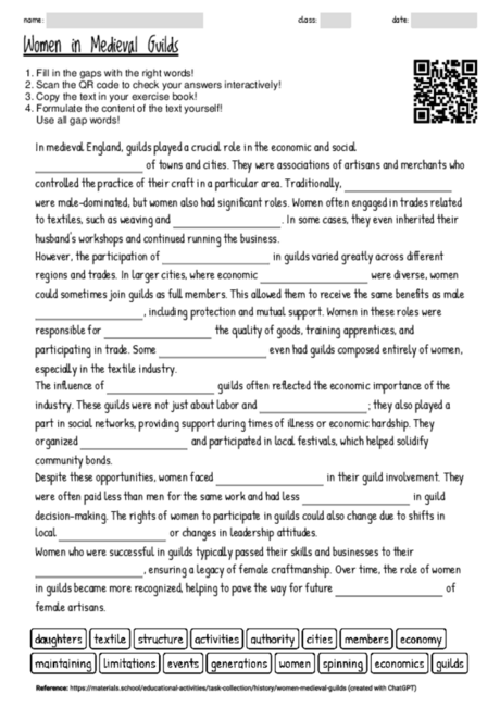 Worksheet with the topic "Women in Medieval Guilds" | MATERIALS.SCHOOL