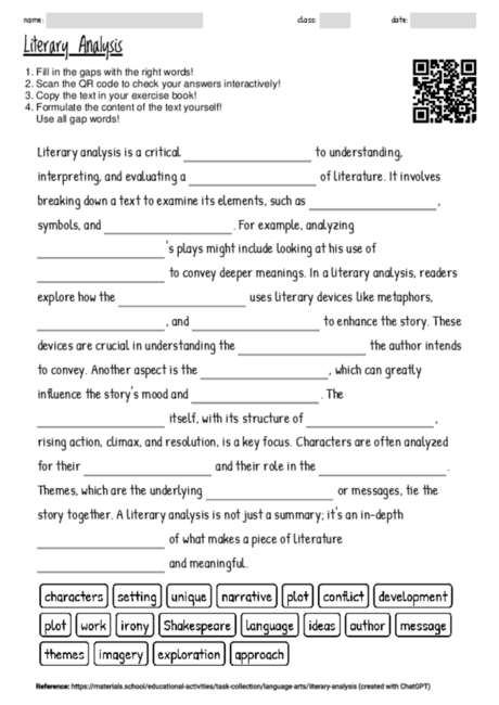 Worksheet with the topic "Literary Analysis" | MATERIALS.SCHOOL