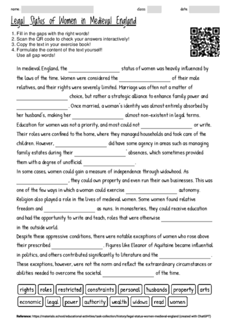 Worksheet with the topic "Legal Status of Women in Medieval England ...