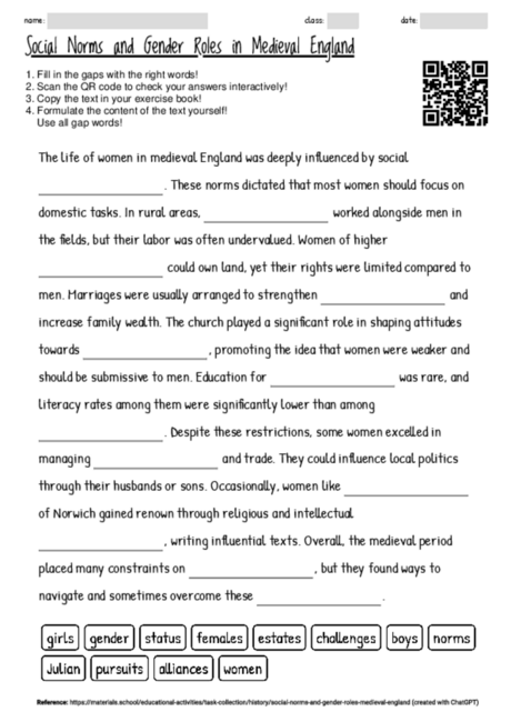 Worksheet with the topic "Social Norms and Gender Roles in Medieval ...
