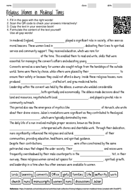 Worksheet with the topic "Religious Women in Medieval Times ...