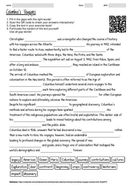 Worksheet with the topic "Columbus's Voyages" | MATERIALS.SCHOOL