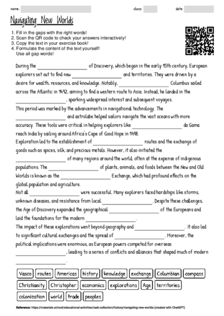 Worksheet with the topic "Navigating New Worlds" | MATERIALS.SCHOOL