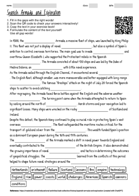 Worksheet with the topic "Spanish Armada and Exploration" | MATERIALS ...