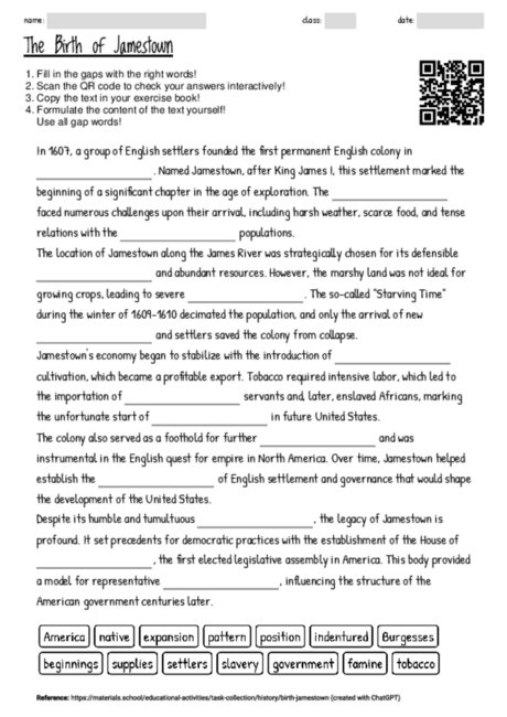 Worksheet with the topic "The Birth of Jamestown" | MATERIALS.SCHOOL