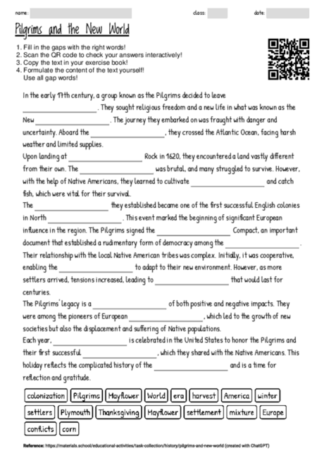 Worksheet with the topic "Pilgrims and the New World" | MATERIALS.SCHOOL