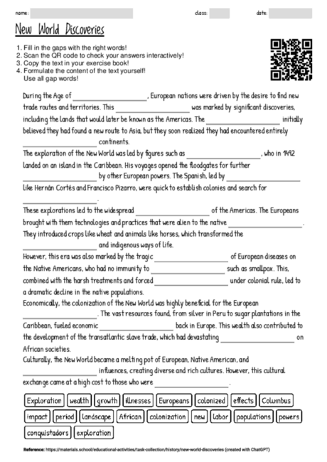 Worksheet with the topic "New World Discoveries" | MATERIALS.SCHOOL