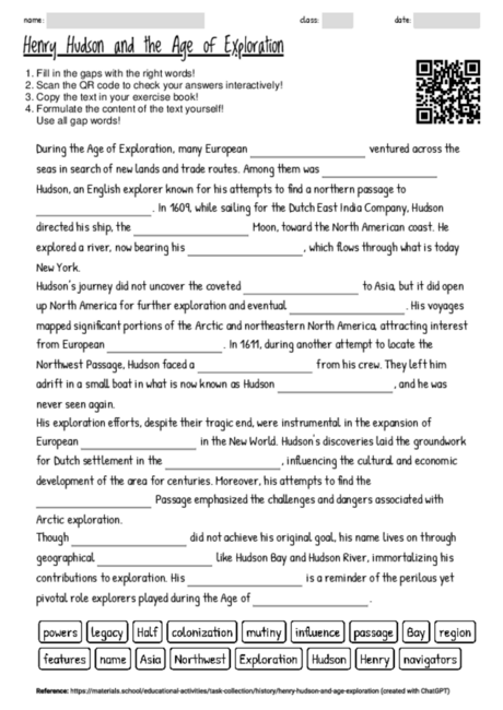 Worksheet with the topic "Henry Hudson and the Age of Exploration ...