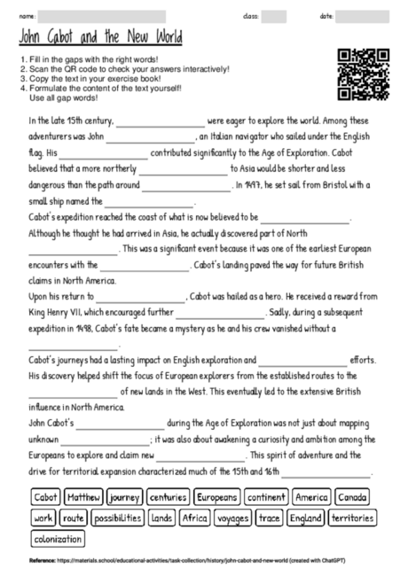 Worksheet with the topic "John Cabot and the New World" | MATERIALS.SCHOOL
