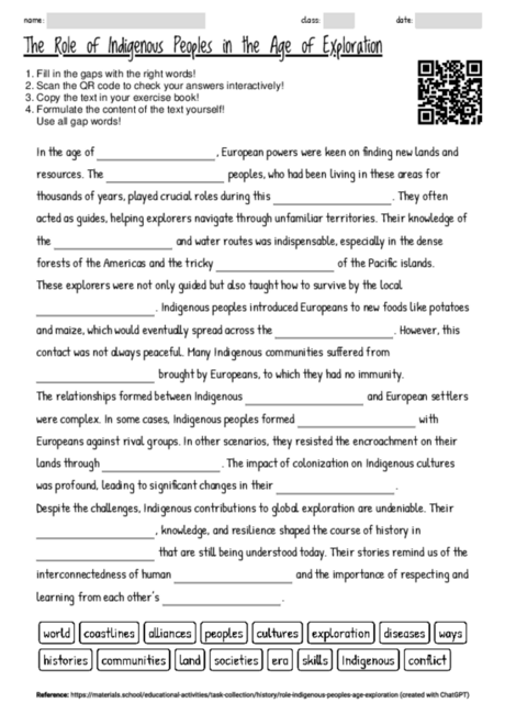 Worksheet with the topic "The Role of Indigenous Peoples in the Age of ...