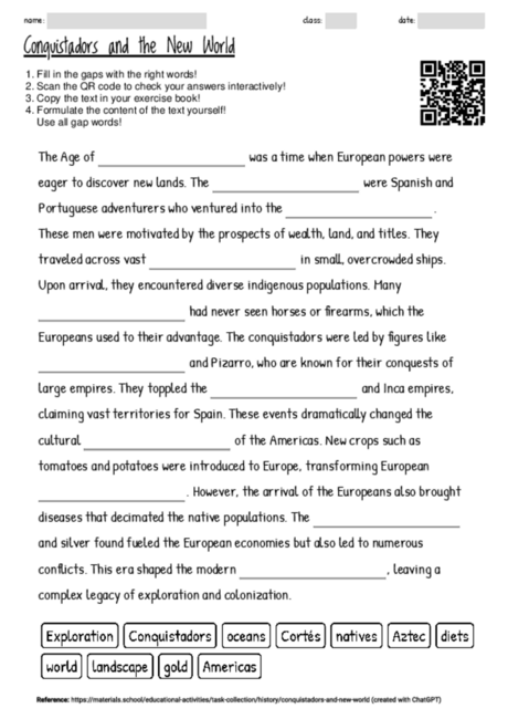 Worksheet with the topic "Conquistadors and the New World" | MATERIALS ...