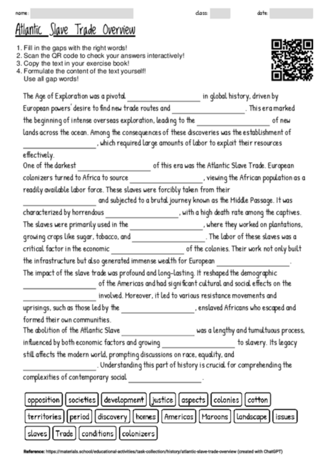 Worksheet with the topic "Atlantic Slave Trade Overview" | MATERIALS.SCHOOL