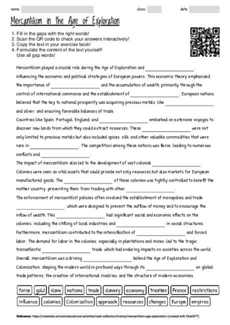 Worksheet with the topic "Mercantilism in the Age of Exploration ...