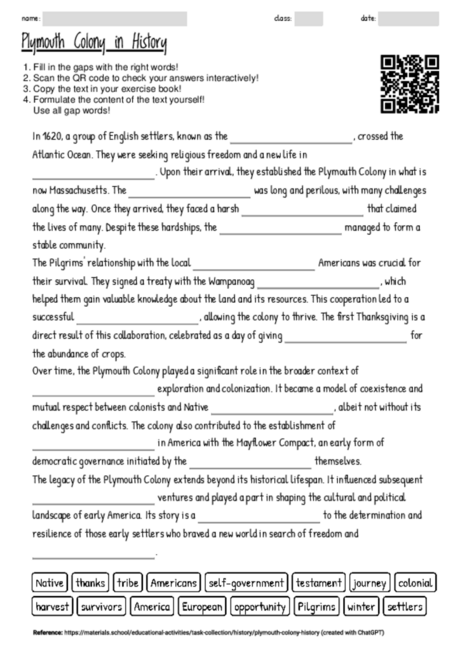 Worksheet with the topic "Plymouth Colony in History" | MATERIALS.SCHOOL