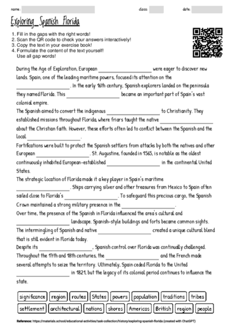 Worksheet with the topic "Exploring Spanish Florida" | MATERIALS.SCHOOL