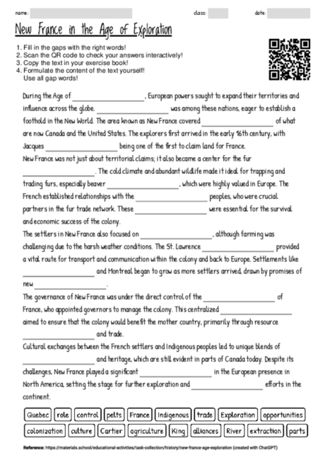 Worksheet with the topic "New France in the Age of Exploration ...