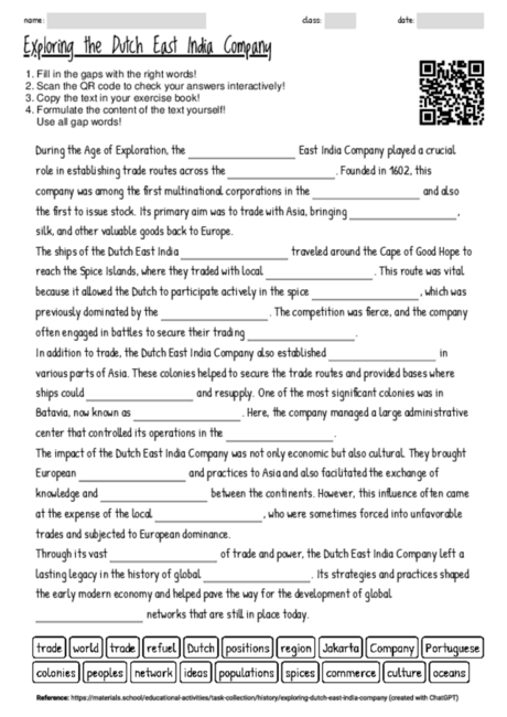 Worksheet with the topic "Exploring the Dutch East India Company ...