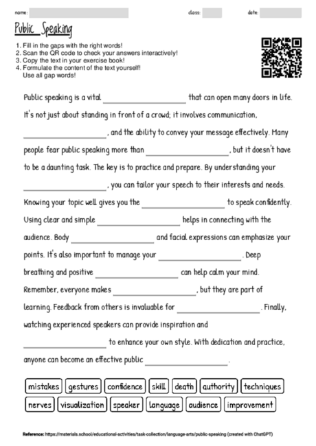 Worksheet with the topic "Public Speaking" | MATERIALS.SCHOOL