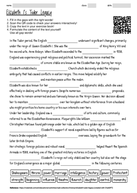 Worksheet with the topic "Elizabeth I's Tudor Legacy" | MATERIALS.SCHOOL