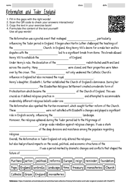 Worksheet with the topic "Reformation and Tudor England" | MATERIALS.SCHOOL