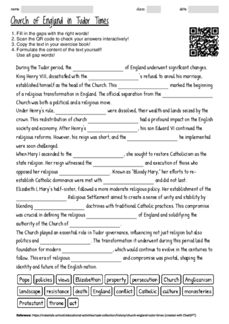 Worksheet with the topic "Church of England in Tudor Times" | MATERIALS ...