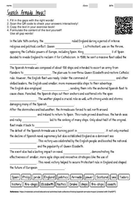 Worksheet with the topic "Spanish Armada Impact" | MATERIALS.SCHOOL