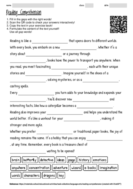 Worksheet with the topic "Reading Comprehension" | MATERIALS.SCHOOL