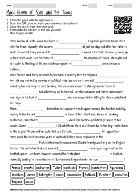 Worksheet with the topic "Mary Queen of Scots and the Tudors ...