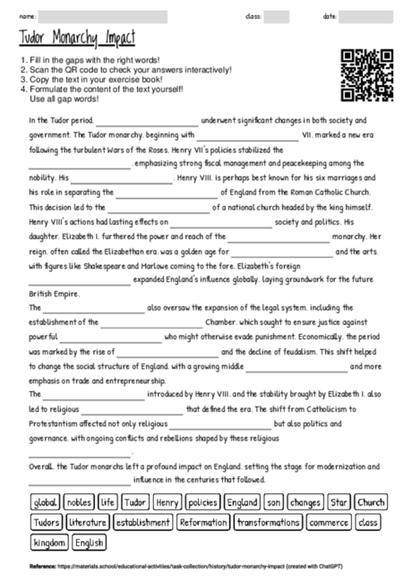 Worksheet with the topic "Tudor Monarchy Impact" | MATERIALS.SCHOOL