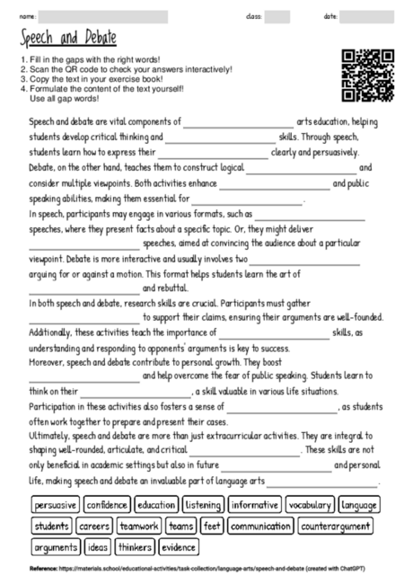 Worksheet with the topic "Speech and Debate" | MATERIALS.SCHOOL