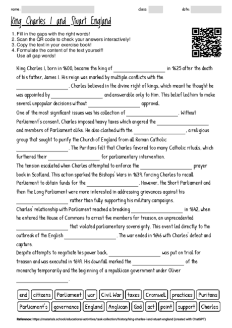 Worksheet with the topic "King Charles I and Stuart England ...