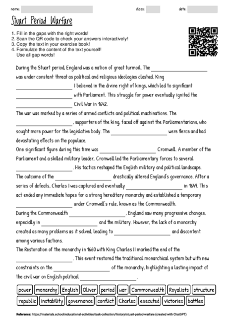 Worksheet with the topic "Stuart Period Warfare" | MATERIALS.SCHOOL