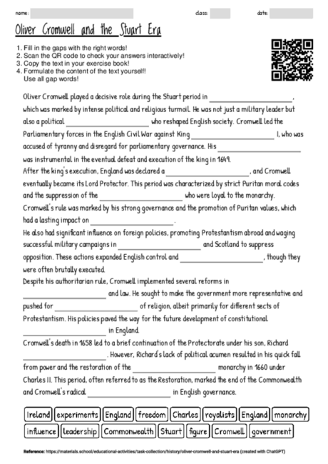 Worksheet with the topic "Oliver Cromwell and the Stuart Era ...