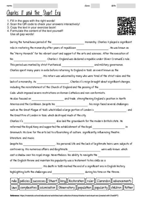 Worksheet with the topic "Charles II and the Stuart Era" | MATERIALS.SCHOOL