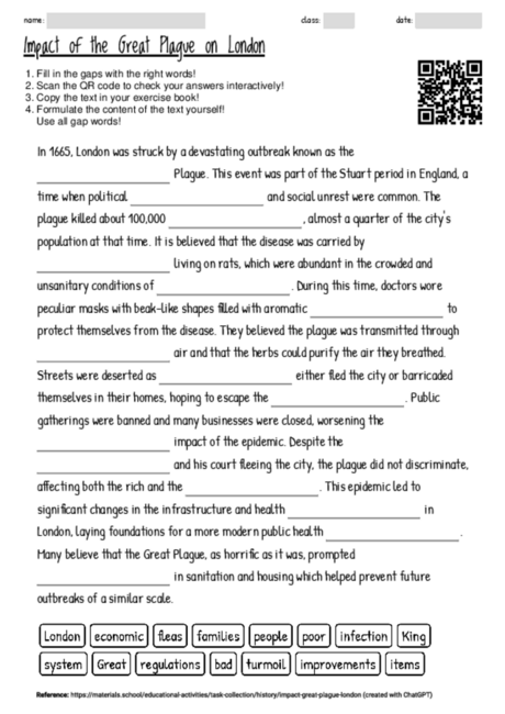 Worksheet with the topic "Impact of the Great Plague on London ...