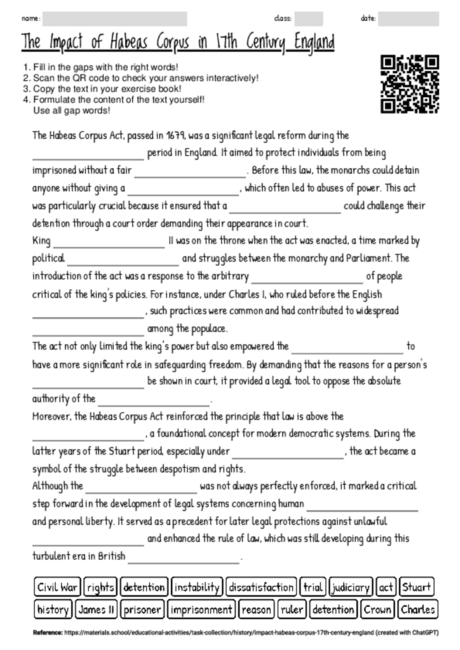 Worksheet with the topic "The Impact of Habeas Corpus in 17th Century ...
