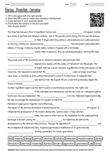 Worksheet with the topic "Glorious Revolution Overview" | MATERIALS.SCHOOL