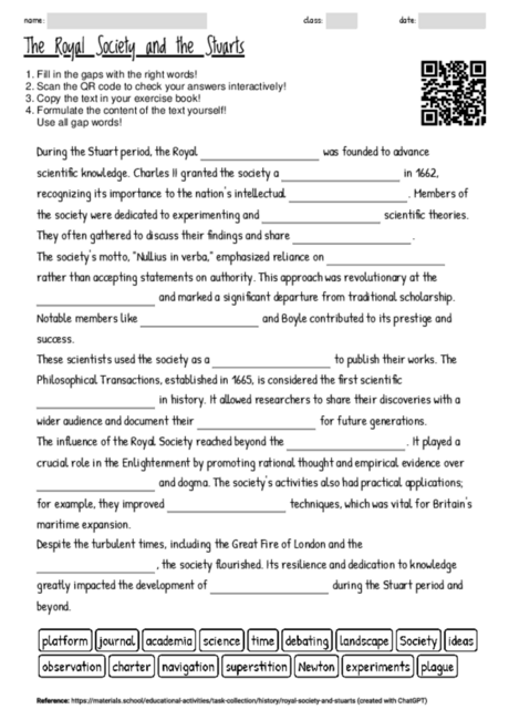 Worksheet with the topic "The Royal Society and the Stuarts ...