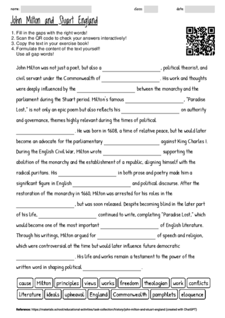 Worksheet with the topic "John Milton and Stuart England" | MATERIALS ...