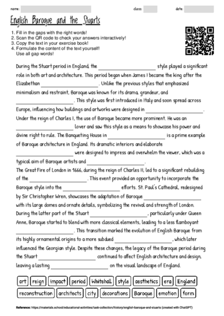 Worksheet with the topic "English Baroque and the Stuarts" | MATERIALS ...