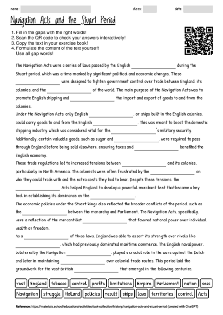 Worksheet with the topic "Navigation Acts and the Stuart Period ...