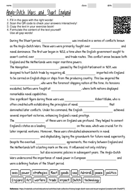 Worksheet with the topic "Anglo-Dutch Wars and Stuart England ...