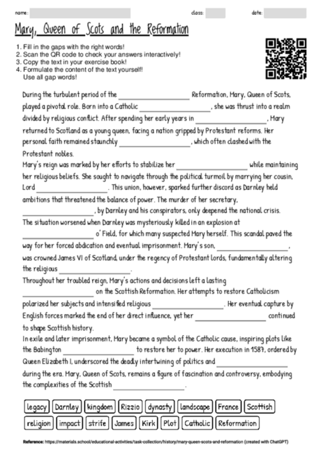 Worksheet with the topic "Mary, Queen of Scots and the Reformation ...