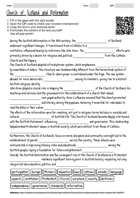 Worksheet with the topic "Church of Scotland and Reformation ...