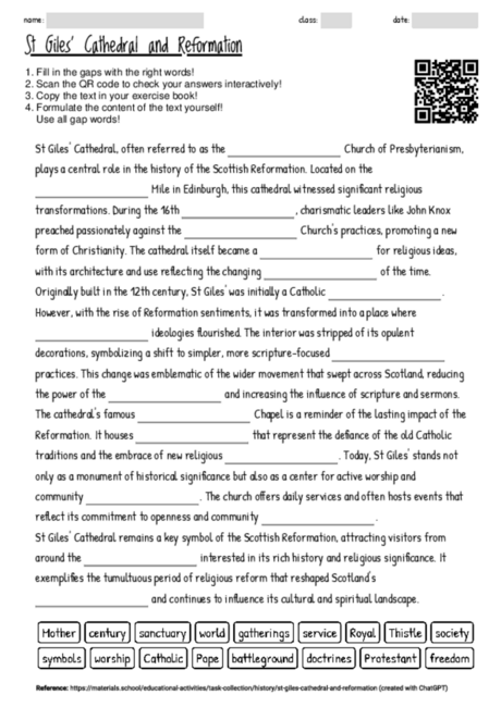Worksheet with the topic "St Giles' Cathedral and Reformation ...